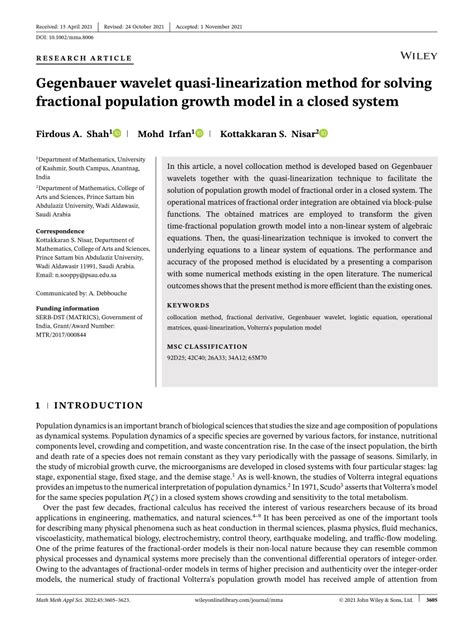 Gegenbauer Wavelet Quasi‐linearization Method For Solving Fractional Population Growth Model In