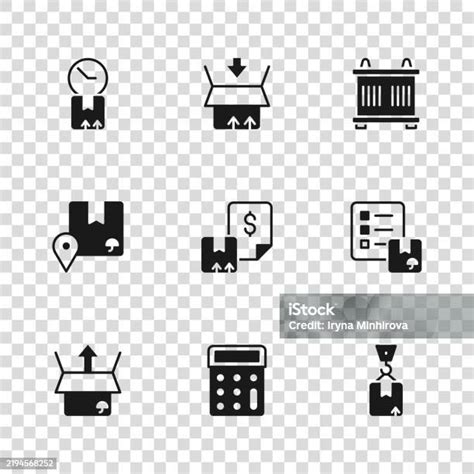 계산기 설정 배송 목록 확인 판지 상자가 있는 크레인 운송장 컨테이너 판지 시계 판지 및 위치 아이콘 벡터 걸이 장비에 대한 스톡 벡터 아트 및 기타 이미지 Istock