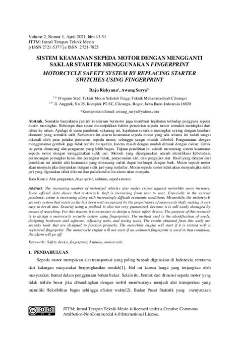 Pdf Sistem Keamanan Sepeda Motor Dengan Mengganti Saklar Starter Menggunakan Fingerprint