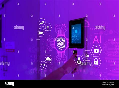 finger print scan male employees press sensors to record company attendance time and after work