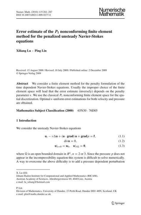 Pdf Error Estimate Of The P 1 Nonconforming Finite Element Method For The Penalized Unsteady