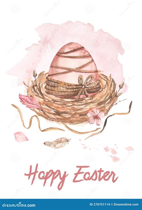 Watercolor Easter Greeting Card With Easter Egg In A Bird S Nest Stock