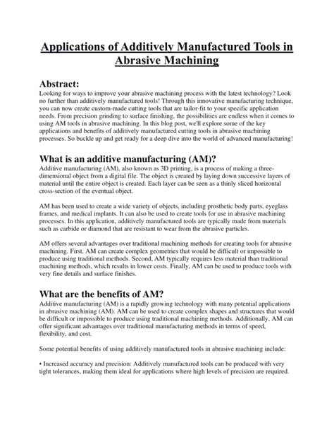Ppt Applications Of Additively Manufactured Tools In Abrasive Machining Powerpoint