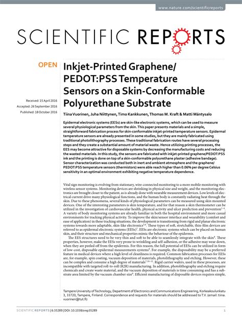 Pdf Inkjet Printed Graphenepedotpss Temperature Sensors On A Skin Conformable Polyurethane