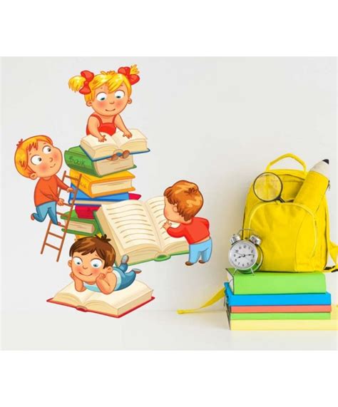 Цветен детски стикер за стена в класна стая Дечица четат книжки —