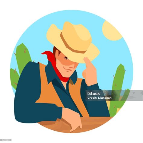 카우보이 잘생긴 남자 자신에 게 그의 눈 썹 아래 보고 손을 올려 모자를 만지고 웃 고 영웅에 대한 스톡 벡터 아트 및 기타 이미지 Istock