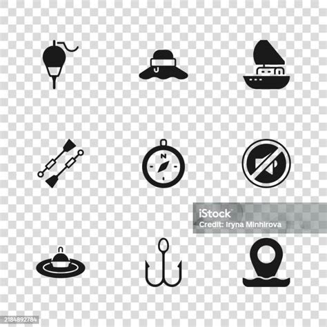 낚시 바늘 스피커 음소거 위치 낚시 나침반 요트 범선 플로트 어부 모자 및 노 또는 패들 아이콘을 설정합니다 벡터 개인 장식품에 대한 스톡 벡터 아트 및 기타 이미지