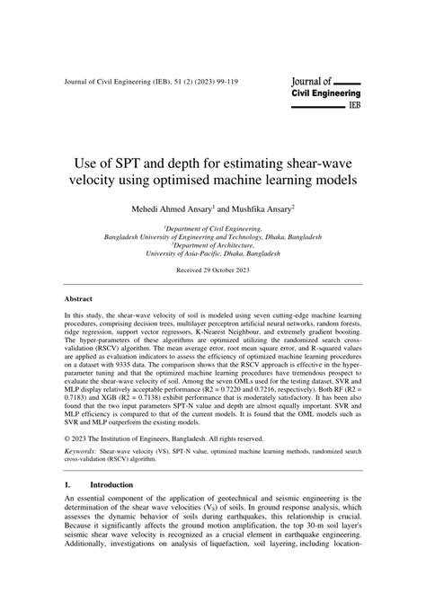 Pdf Use Of Spt And Depth For Estimating Shear Wave Velocity Using Optimised Machine Learning