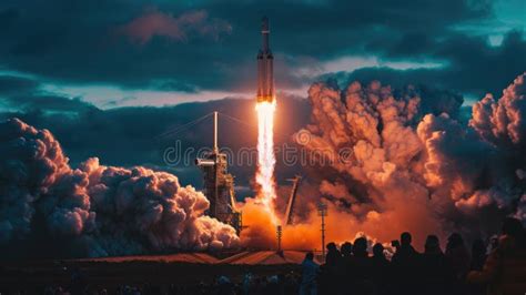 The Launch Of A Space Rocket Captured From A Distance With A Crowd