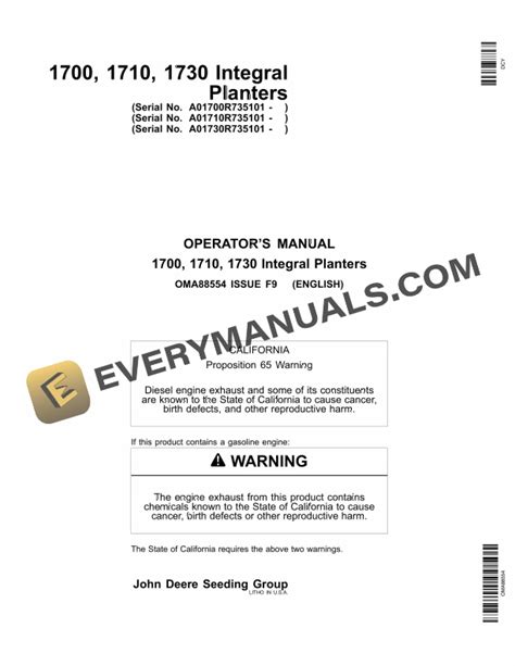 John Deere 1700 1710 1730 Integral Planter Operator Manual Oma88554