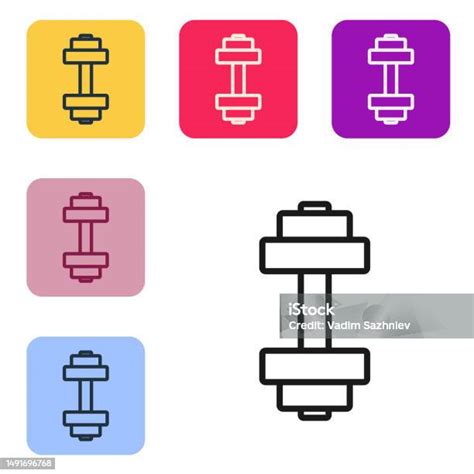 흰색 배경에 격리 된 검은 줄 아령 아이콘 근육 리프팅 아이콘 피트니스 바벨 체육관 스포츠 장비 운동 범벨 색상 정사각형 단추로 아이콘을 설정합니다 벡터 건강한 생활방식에