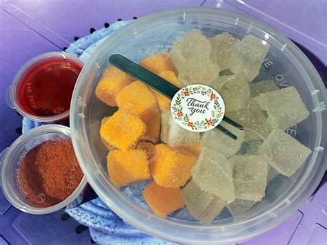 Dandj Mixed Mango And Lychee Cubes In 1 Tub 200g With 1 Chamoy Sauce 20g And 1 Kiamoy Chili Powder