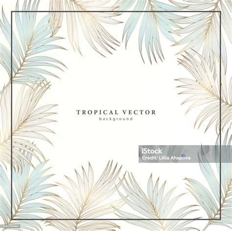 황금빛 야자수 잎이 있는 정사각형 섬세한 열대 배경 엽서 초대장 인사말 편지 감사의 편지 장식 및 표지의 배경 0명에 대한 스톡 벡터 아트 및 기타 이미지 Istock