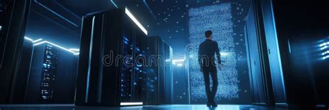 Developer Explores Holographic Quantum Algorithms Next To Glowing Quantum Computer In A High