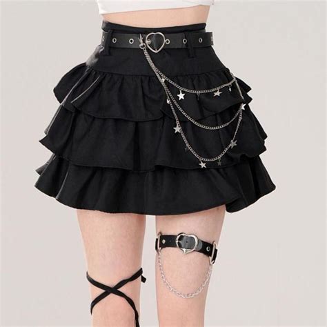 Belt Metal Chain Punk Mini Skirts For Women Summer High Waist Pleated Black Cake Skirt Woman