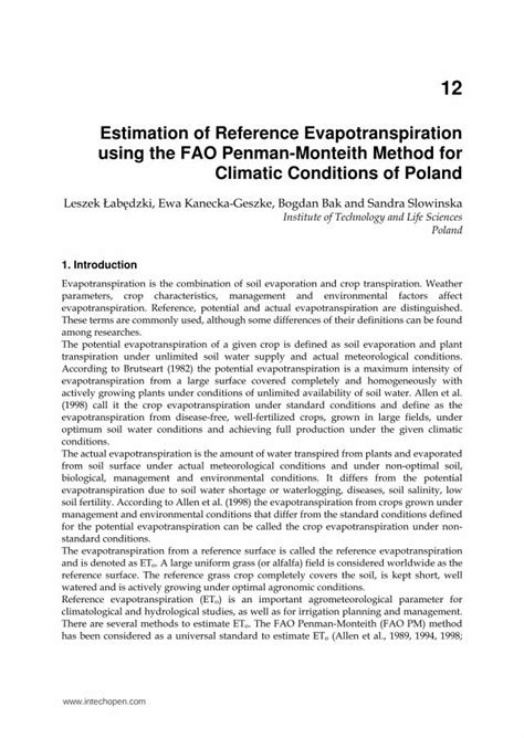 Pdf Estimation Of Reference Evapotranspiration Using The Pdfs14190pdf