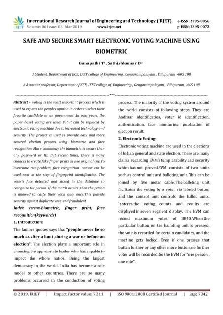 Irjet Safe And Secure Smart Electronic Voting Machine Using Biometric Pdf Consumer