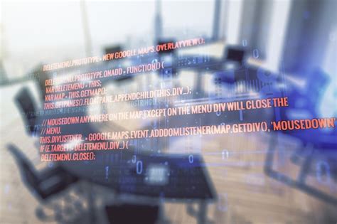 현대적인 가구가 비치된 사무실 내부 배경 인공 지능 및 기계 학습 개념에 추상 프로그래밍 언어 홀로그램의 다중 노출 프리미엄 사진