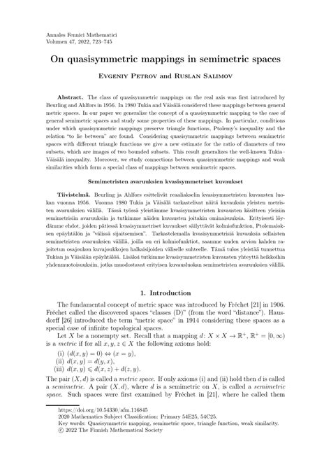 Pdf On Quasisymmetric Mappings In Semimetric Spaces
