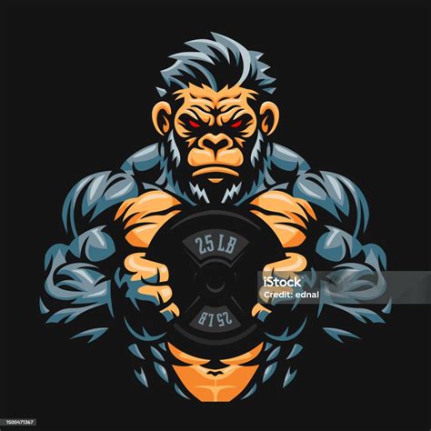 피트니스 고릴라 벡터 일러스트레이션 체육관 마스코트 캐릭터 고릴라 들고 웨이트 플레이트 T 셔츠에 대한 스톡 벡터 아트 및 기타