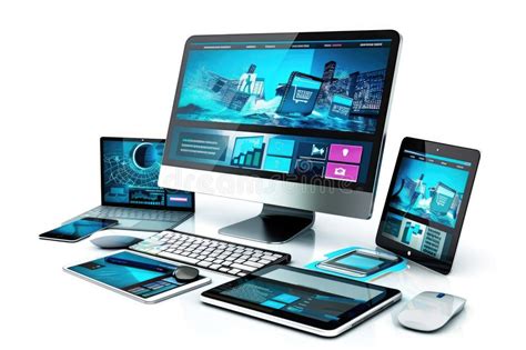 A Collection Of Modern Office Devices Including A Computer Monitor Keyboard And Mouse Stock