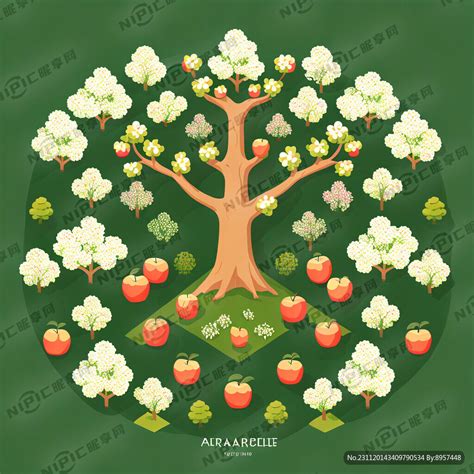 Ai创作图苹果树园林景观规划平面图 顶视角图 俯视角度 树下有草 野花 间距分明 卡通插画风格。 昵图网