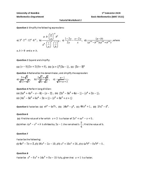 Basic Math Tutorial Worksheet 2 University Of Namibia 1 St Semester