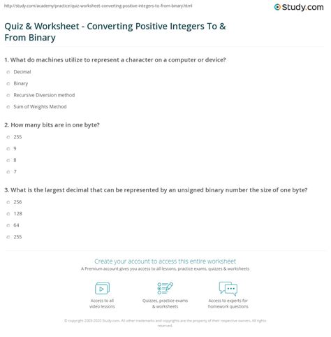 quiz and worksheet converting positive integers to and from binary