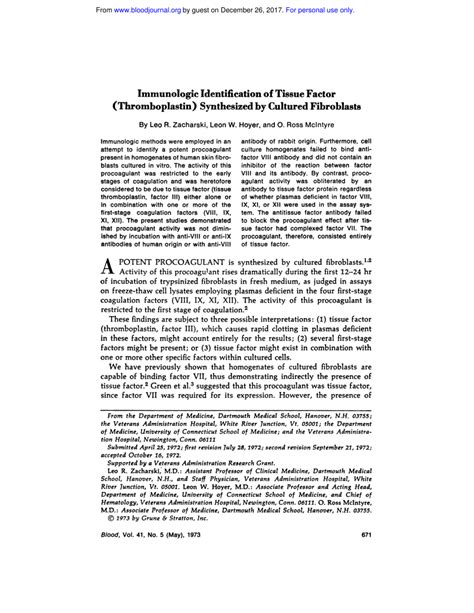 Pdf Immunologic Identification Of Tissue Factor Thromboplastin
