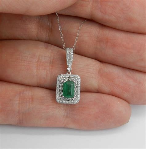 Emerald And Diamond Necklace White Gold Emerald Halo Pendant Emerald