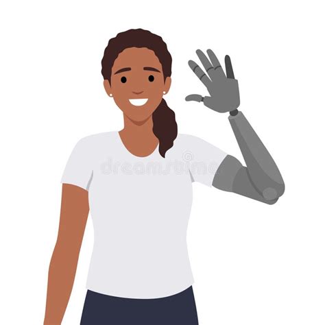 Woman Who Lost Arm In Car Crash Or In Accident Greets You With New Prosthesis Stock Illustration