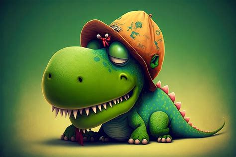 모자에 만화 치열한 티라노사우루스 귀여운 졸린 공룡 프리미엄 사진