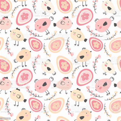 다양한 포즈와 부활절 달걀귀여운 만화 닭의 원활한 패턴 부활절 봄 배경입니다 아이들의 장식을위한 재미있는 새 섬유 직물 및 포장