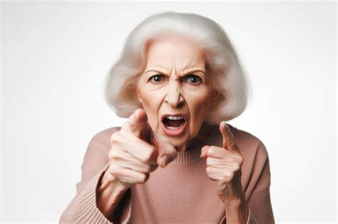 Premium Photo Angry Old Woman Pointing With Finger On White Background