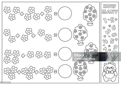 귀여운 귀여운 꽃이 만발한 나무와 봄 흑백 매칭 게임 아이들을 위한 정원 수학 활동 교육용 인쇄 가능한 부활절 계산 워크시트 또는 만화 꽃이 있는 색칠 공부 페이지 0명에