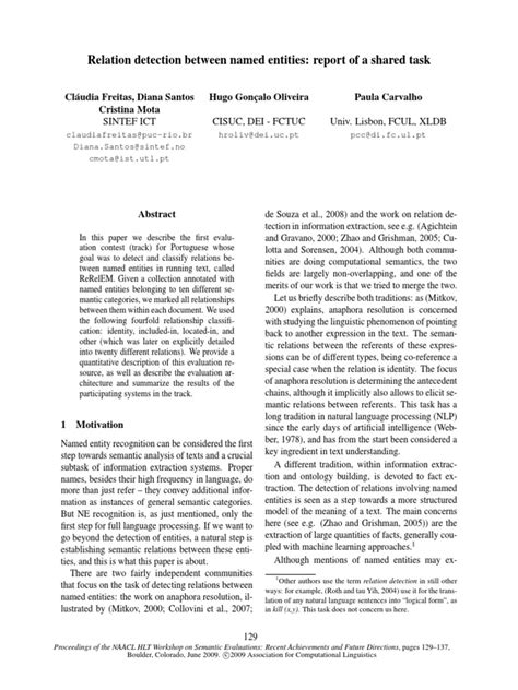 Relation Detection Between Named Entities Report Of A Shared Task Pdf Cognitive Science