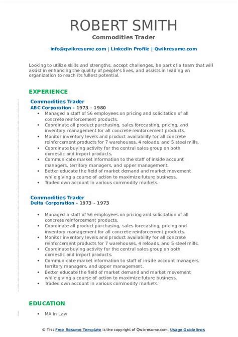 Commodities Trader Resume Samples QwikResume