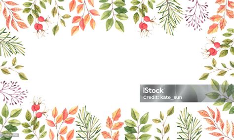 손으로 그린 수채화 그림입니다 가을 잎 가문비 나무 가지와 열매 프레임 포리스트 디자인 요소입니다 안녕하세요 가을 계절 광고 초대장 카드에 적합 가을에 대한 스톡 벡터 아트