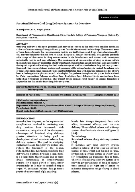 Pdf Sustained Release Oral Drug Delivery System An Overview