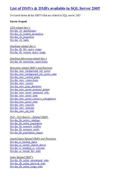 List Of Dmvs Pdf Microsoft Sql Server Sql