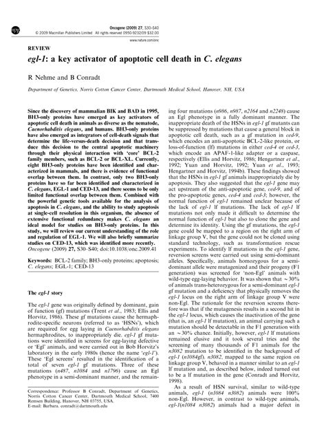 Pdf Egl 1 A Key Activator Of Apoptotic Cell Death In C Elegans