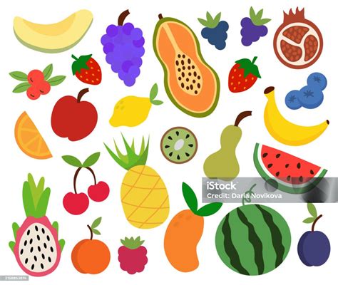 과일과 딸기 세트입니다 건강한 음식과 제품의 개념 당신의 디자인을 위한 여름 밝은 요소 사과 파인애플 포도 파파야 용과 자두 수박 벡터 만화 그림입니다 크랜베리에 대한 스톡
