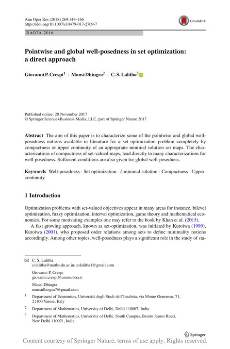 Pointwise And Global Well Posedness In Set Optimization A Direct Approach Request Pdf