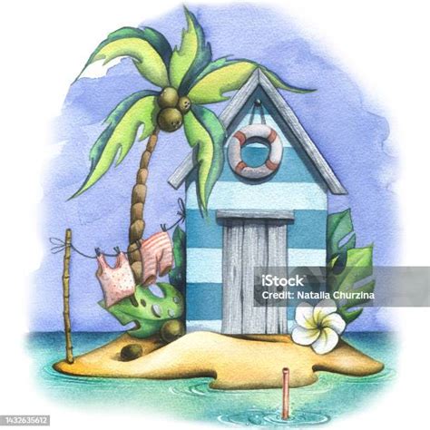 집 야자수 및 코코넛이있는 열대 섬으로 바다나 바다와 하늘을 배경으로 옷을 입습니다 만화 스타일의 수채화 일러스트레이션 장식 및 디자인 0명에 대한 스톡 벡터 아트 및 기타