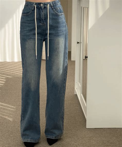 [s M L]끈 조절 빈티지 워싱 데님 하이웨스트 중청바지 와이드핏 일자핏 데님팬츠 빅사이즈 워싱바지 워싱치마 Y2k 데님바지 빈티지코디 청바지 청치마 하이웨스트팬츠 여름