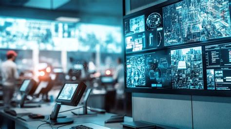 High Tech Control Room With Multiple Screens Displaying Data And Analytics In A Modern