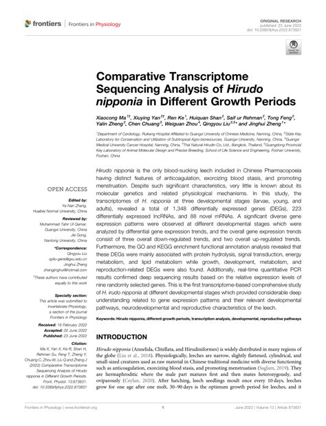 Pdf Comparative Transcriptome Sequencing Analysis Of Hirudo Nipponia