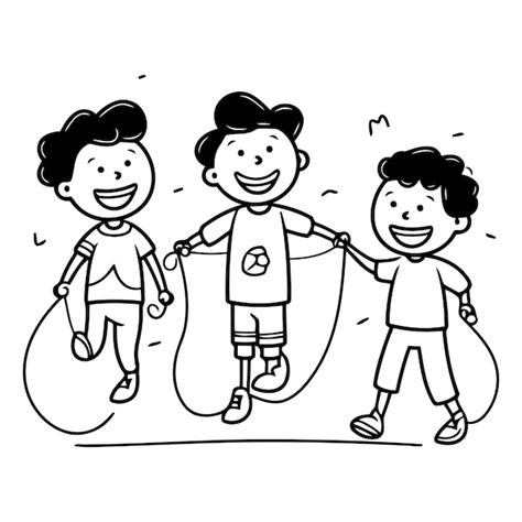 평평 한 만화 스타일 의 점프 로프 를 가진 어린이 들 프리미엄 벡터