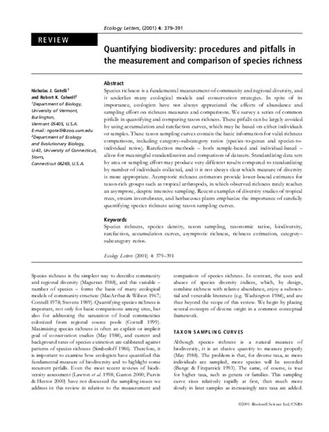 Pdf Quantifying Biodiversity Procedures And Pitfalls In The Measurement And Comparison Of