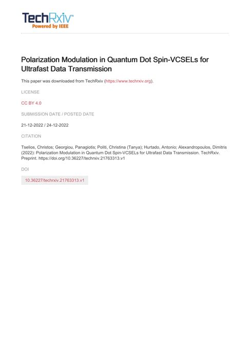 Pdf Polarization Modulation In Quantum Dot Spin Vcsels For Ultrafast